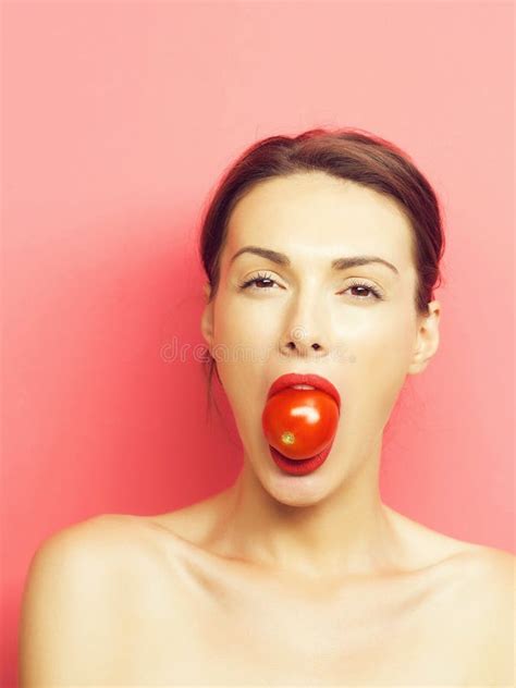 Pretty Girl With Red Tomato Stock Image Image Of Face Dieting 143616345