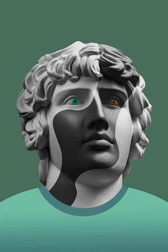 팝 아트 스타일로 인간의 얼굴의 석고 골동품 조각 콜라주 고대 동상 머리와 현대 창조적 인 개념 이미지 진 문화 현대 미술