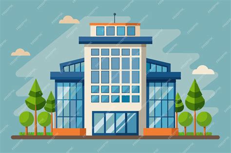 Una Ilustración De Dibujos Animados De Un Edificio Con árboles Y Nubes Vector Premium Generado