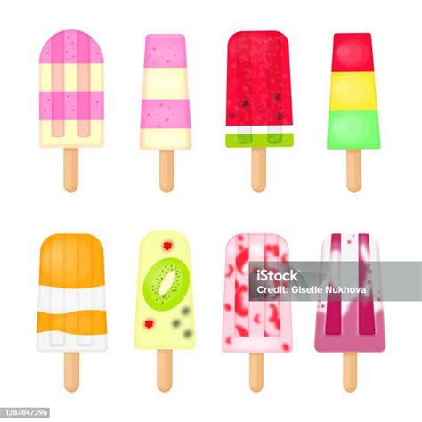 다양한 아이스크림 다양한 맛 수박 키위 망고 바닐라 웹 디자인 또는 섬유 엽서 또는 포장에 인쇄 벡터 일러스트레이션 스틱에 달콤한 여름 아이스캔디 맛이 가미된 빙과에 대한