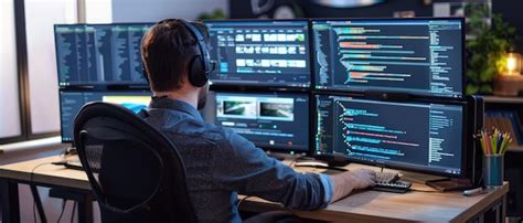 Focused Programmer Working Late With Multimonitor Setup Premium Ai Generated Image