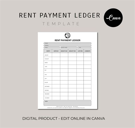 Editable Rent Payment Ledger Template Canva Rent Payment Tracker