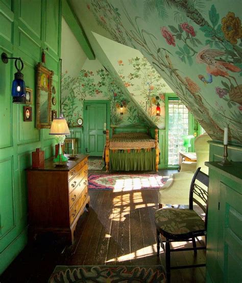 Vintage Attic Bedroom With Green Walls And Floral Wallpaper Antique