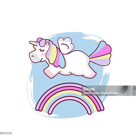 귀여운 마법의 유니콘과 무지개 흰색 배경에 고립 된 디자인 티셔츠 나 스티커에 인쇄합니다 어린이를위한 낭만적 인 손 그리기 그림 그림 벡터 일러스트레이션 0명에 대한 스톡