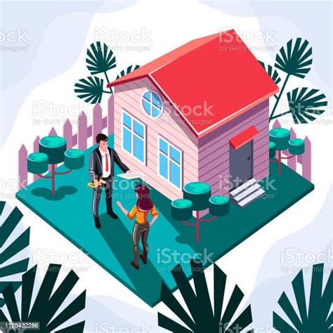 부동산 중 개인 판매자 남자 캐릭터 여자 세 입자에 게 키 하우스 판매 소매 개념입니다 벡터 평면 만화 그래픽 디자인 절연 아이소메트릭 일러스트 레이 션 거래자에 대한 스톡