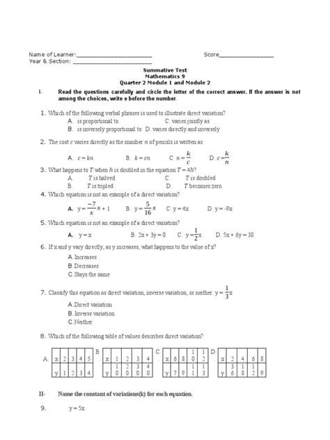 Direct Variation Printable Pdf