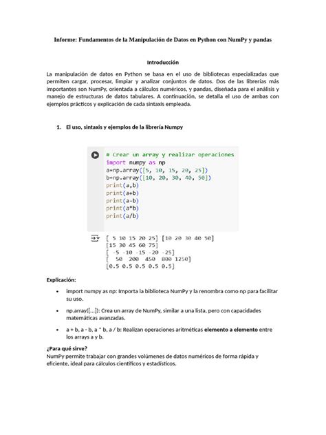 Informe Fundamentos De La Manipulación De Datos En Python Con Numpy Y