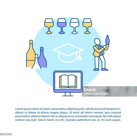 텍스트와 와인 시음 온라인 가이드 개념 아이콘 인터넷 코스에서 알코올에 대해 알아보세요 Ppt 페이지 벡터 템플릿입니다 브로셔 잡지 선형 일러스트가 있는 소책자 디자인 요소