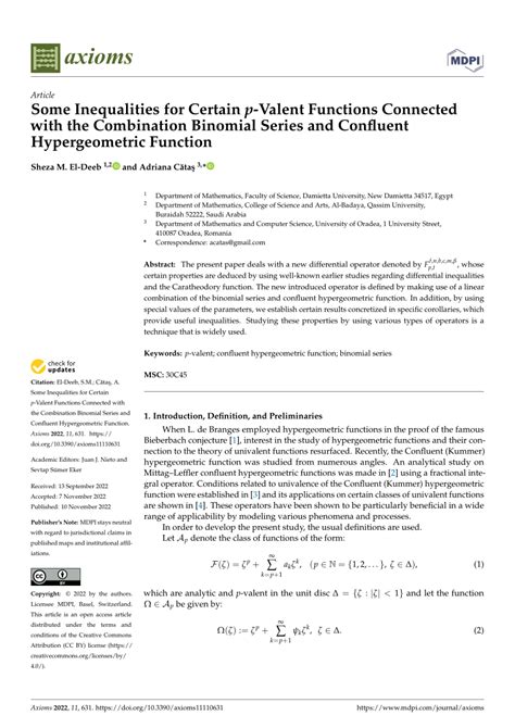 Pdf Some Inequalities For Certain P Valent Functions Connected With The Combination Binomial