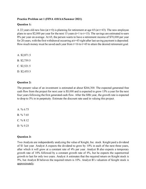 Practice Problem Set 1 FINA 410 Practice Problem Set 1 FINA 410 AA