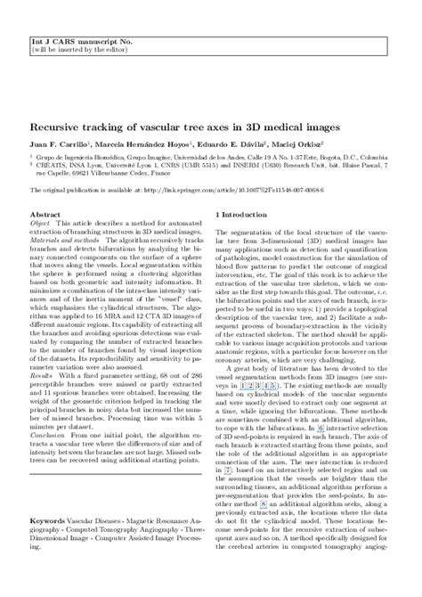 Pdf Recursive Tracking Of Vascular Tree Axes In 3d Medical Images