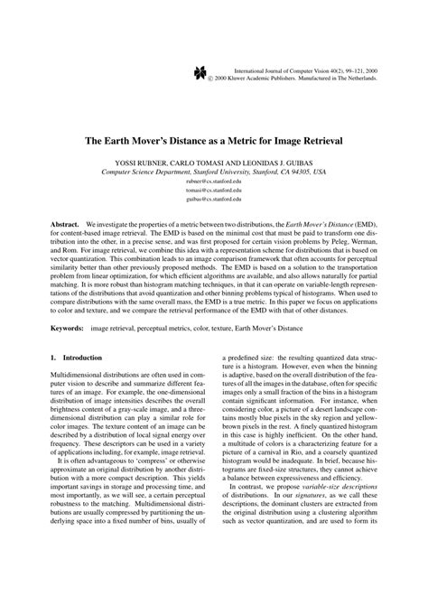 Pdf The Earth Movers Distance As A Metric For Image Retrieval