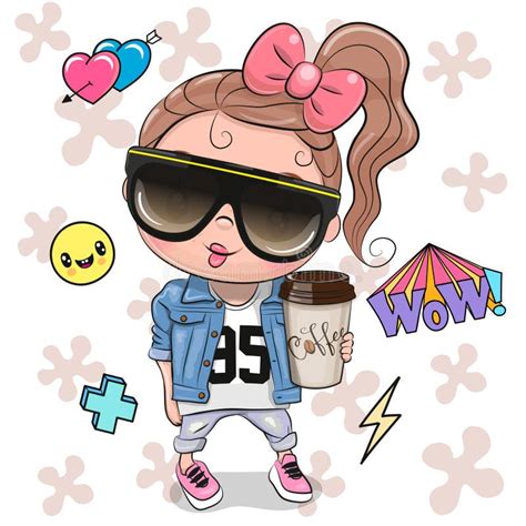 Cartoon Girl With Sun Glasses In Denim Jacket Stock Vector