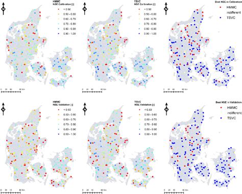distributed map of model performance for nse for both models during