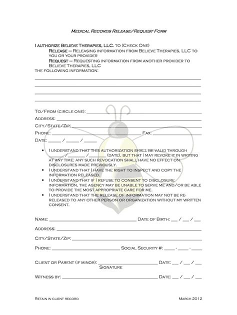 Fillable Online Clinical Records Release Request Form Believe
