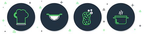 세트 라인 주방 소쿠리 거품이 있는 스폰지 요리사 모자 및 요리 냄비 아이콘 벡터 가사 집안일에 대한 스톡 벡터 아트 및 기타