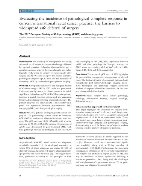 Pdf Evaluating The Incidence Of Pathological Complete Response In Current International Rectal