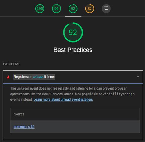 Lighthouse Reports Best Practice Error Registers An Unload Listener