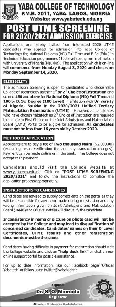 Yabatech 2020 2021 Post Utme Reg Commence Education Nigeria