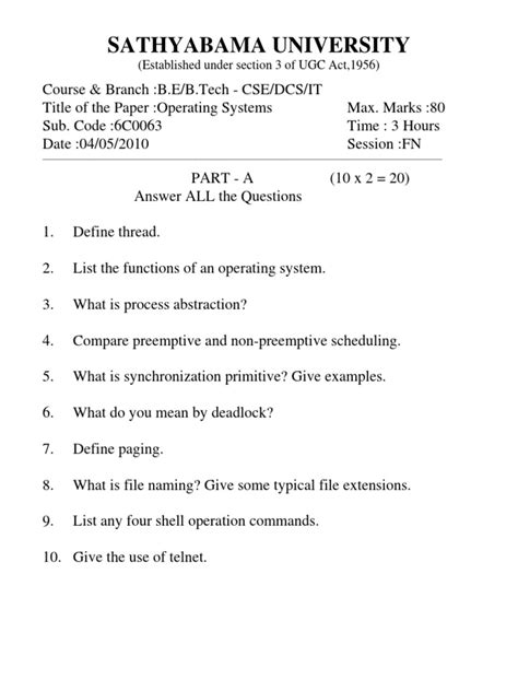 entrance exam net sathyabama university b tech in it 4th sem operating systems
