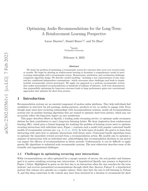 Pdf Optimizing Audio Recommendations For The Long Term A Reinforcement Learning Perspective