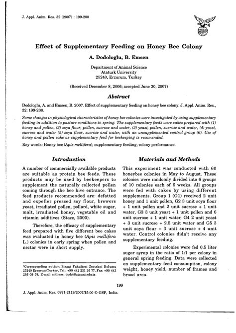 Pdf Effect Of Supplementary Feeding On Honey Bee Colony