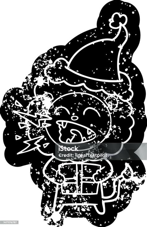 기발한 만화 산타 모자를 쓴 선물을 가진 포효하는 사자의 고민 아이콘 귀여운에 대한 스톡 벡터 아트 및 기타 이미지 귀여운 그런지 이미지 기법 낙서 드로잉 Istock