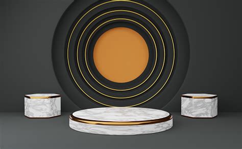 현대 무대 디스플레이 및 미니멀리스트 모형 추상 쇼케이스 배경 개념 3d 그림 또는 3d 렌더링을 위한 회색 구성의 기하학적 모양으로 비어 있는 대리석 연단 강단에 대한