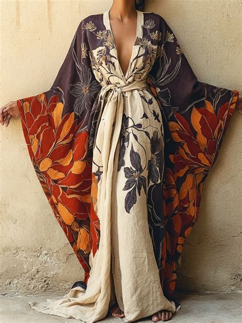 Dahlia Tie Waist Loose Robe Maxi Dress Multicolor M Casual Indian
