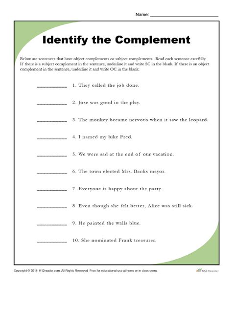 Identify The Complement Worksheet Pdf