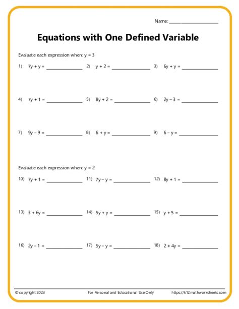 Variable Equations Worksheets