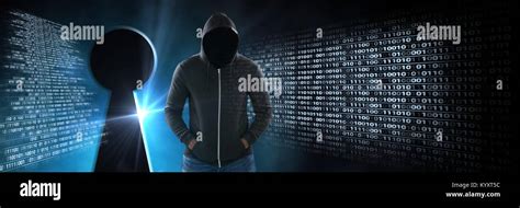 Anonymous Hacker With Computer Code Binary Interface And Keyhole Stock