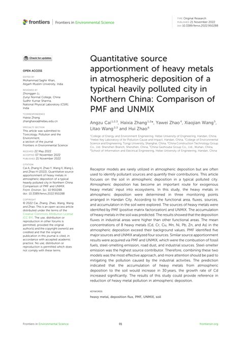 Pdf Quantitative Source Apportionment Of Heavy Metals In Atmospheric