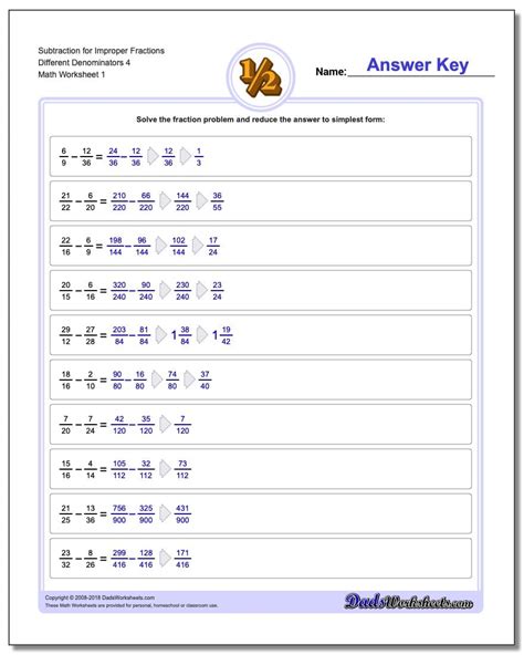 Subtracting Improper Fractions With Unlike Denominators FractionsWorksheets Net