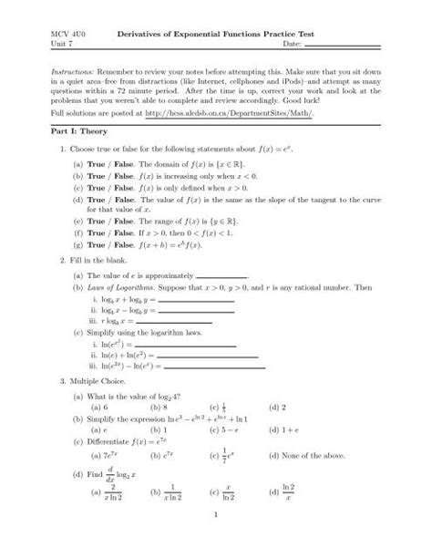MCV 4U0 Unit 7 Derivatives Of Exponential Functions Practice Test
