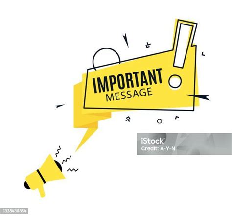 중요한 메시지입니다 평면 예술 디자인의 노란색 음성 거품과 메가 폰 느낌표 기호와 검은 모양의 트렌디 한 스타일 배너 라우드 스피커가있는 간단한 배지 벡터 카드 그림입니다