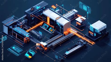 Futuristic Isometric View Of An Automated Assembly Line Managing Production Process In A Smart