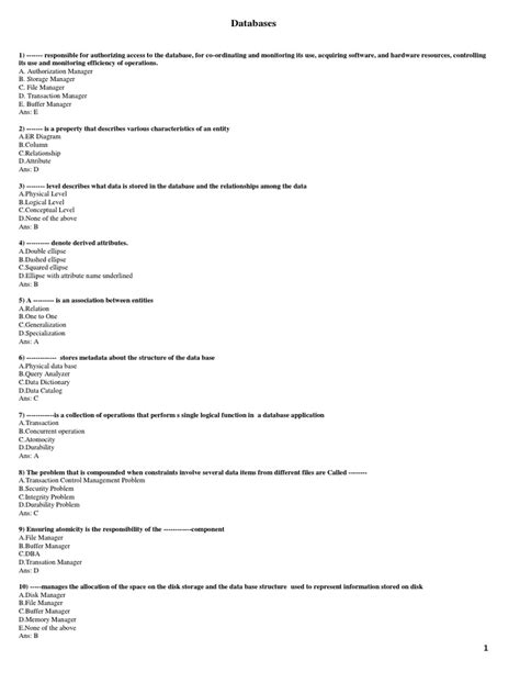 Mcq Database Engineering 260 Questions Pdf Database Transaction Sql