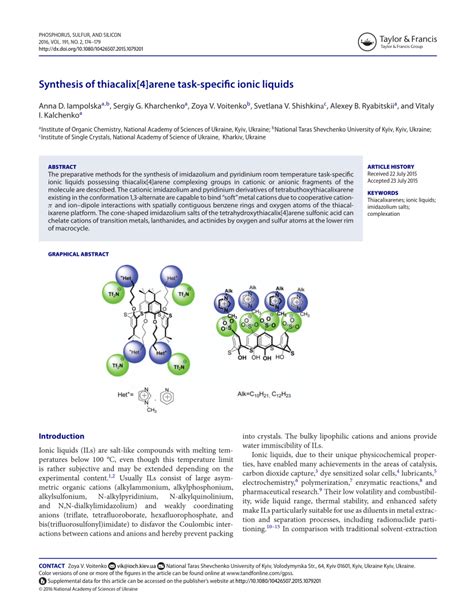 Pdf Synthesis Of Thiacalix 4 Arene Task Specific Ionic Liquids