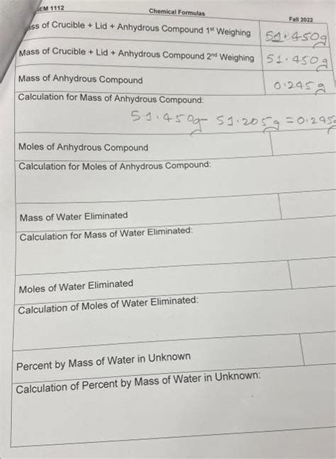 Moles Of Anhydrous Compound Calculation For Moles Of Chegg Com