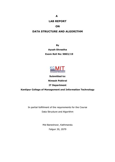 Lab Report Of Dsa Hi This Is Lab Of Dsa A Lab Report On Data Structure And Algorithm By