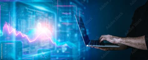 Big Data Technology Background Using A Laptop Against The Background Of Visualization Of A