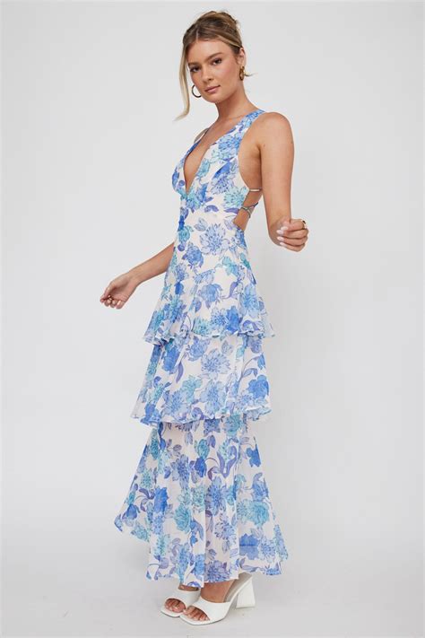 Veda Strappy Back Ruffle Midi Dress Floral Blue Blue Floral Midi