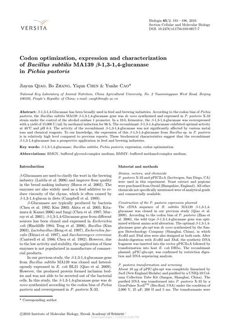Pdf Codon Optimization Expression And Characterization Of Bacillus Subtilis Ma139 β 1 3 1 4