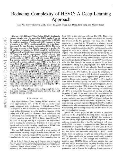 Pdf Reducing Complexity Of Hevc A Deep Learning Approach · 2015 Several Machine Learning