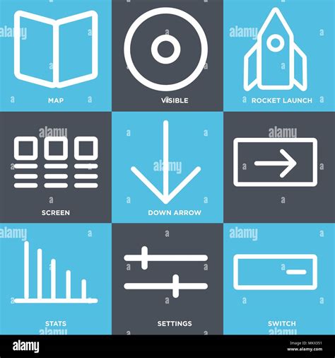 Set Of 9 Simple Editable Icons Such As Switch Settings Stats Down