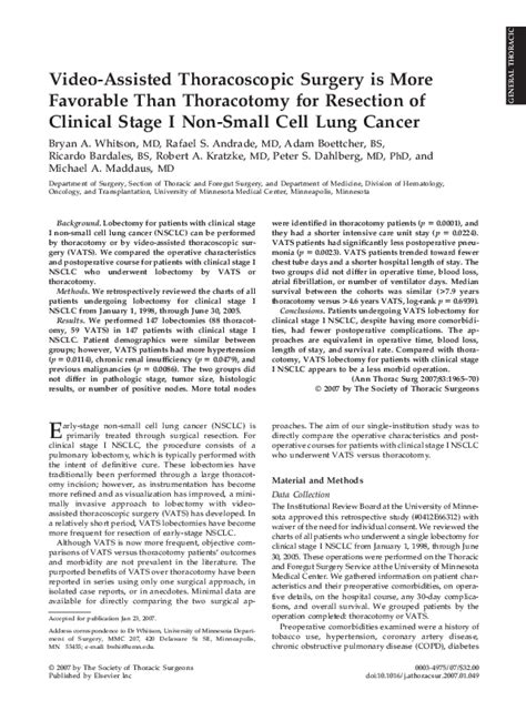Pdf Video Assisted Thoracoscopic Surgery Is More Favorable Than Thoracotomy For Resection Of
