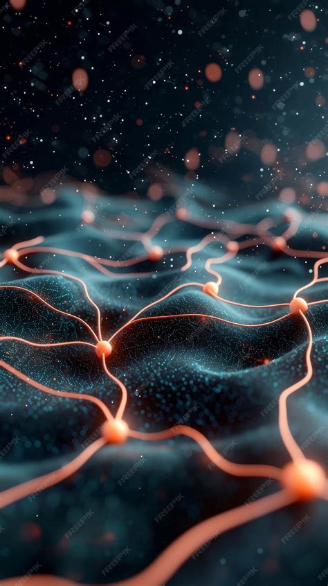 Abstract Neural Network Connection With Glowing Nodes And Digital Dust Particles In Dark Blue