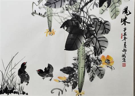 风味 农趣国画花鸟 丝瓜小鸡 辛丑夏月创作 国画写意花鸟画 邵斌写意