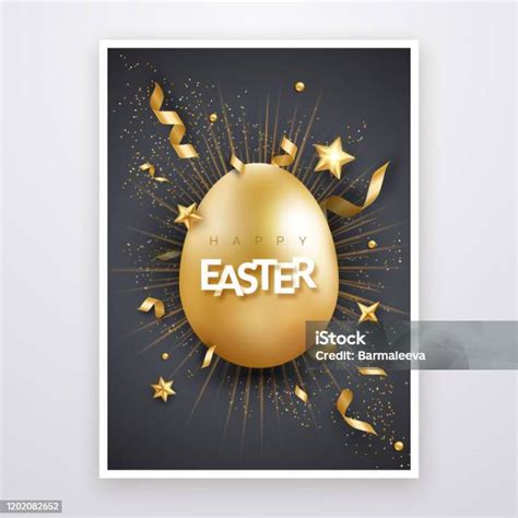 현실적인 황금 계란 텍스트 별 불꽃 놀과 리본 부활절 배경 휴일 포스터 전단지 배너 검은 색 배경에 카드 그림입니다 터지는 불꽃놀이와 반짝이는 질감 부활절 달걀에 대한 스톡